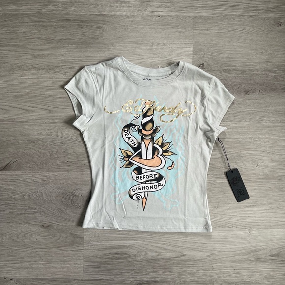 Ed Hardy | Tops | Ed Hardy White Fitted Graphic Cap Sleeve Tee | Poshmark